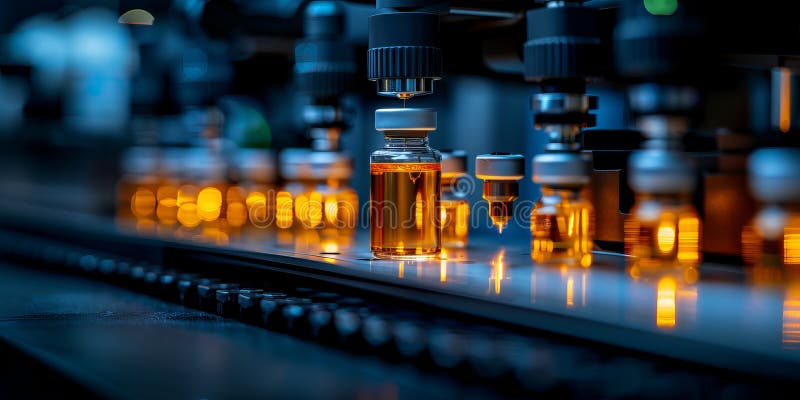 Pharmaceutical Process with Robotic Automation Glass Vials with Liquid Medicine in a High-tech ...