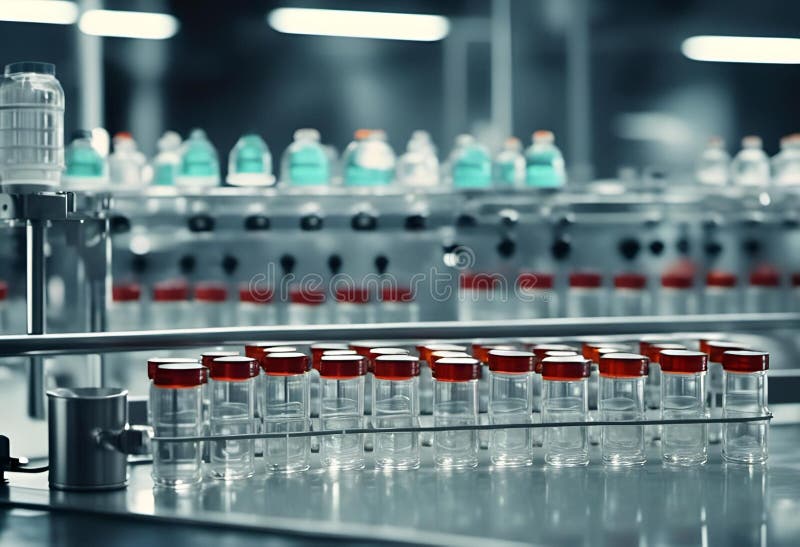 A Pharmaceutical Production Line with Glass Vials and Bottles in a ...