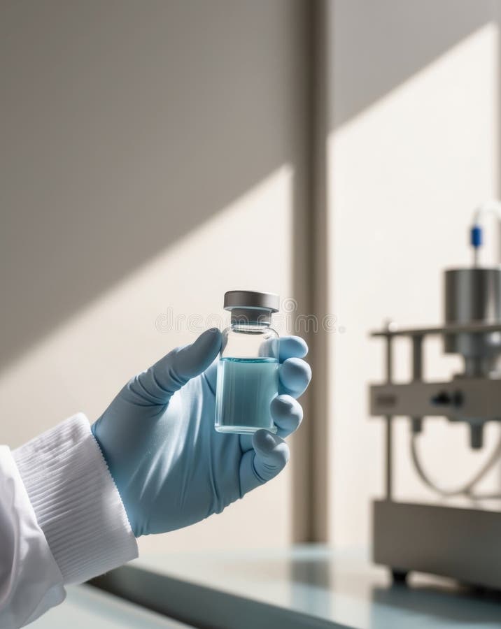 Pharmaceutical Production Line with Gloved Hand Holding Vial. Stock ...