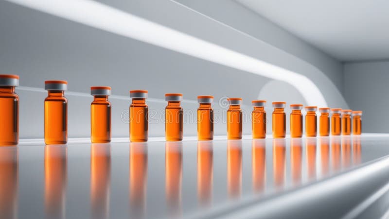 A Pharmaceutical Production Line Using Orange Liquid Vials. Stock Image ...