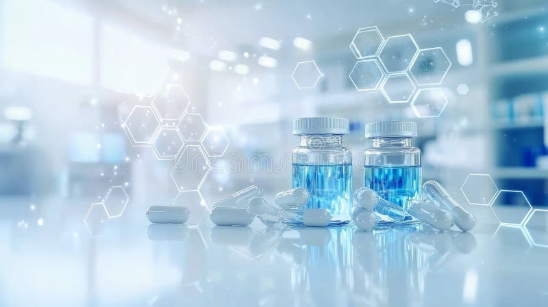 Pharmaceutical Research Background with White and Blue Soft Lighting ...