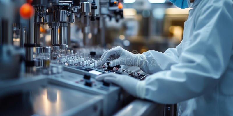 Pharmaceutical Worker Operating Bottling Machine in Factory Stock ...