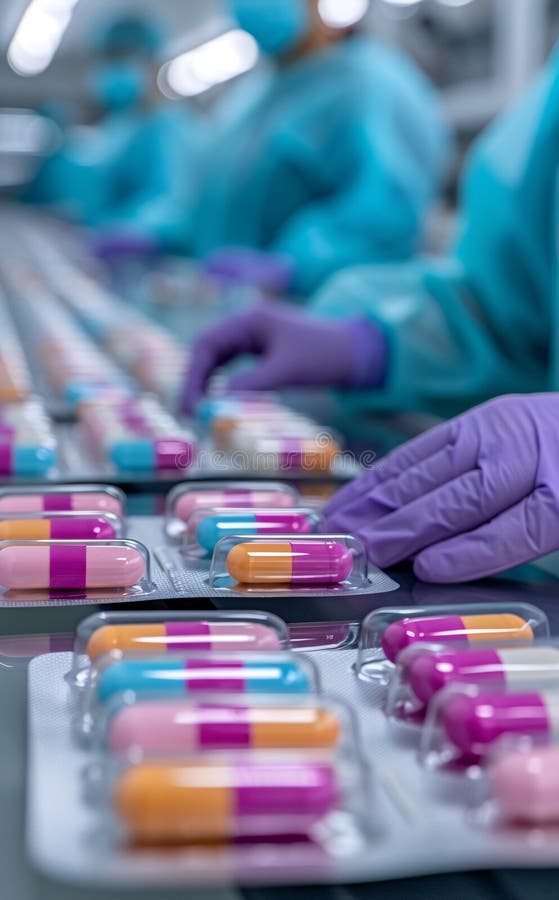 Pharmaceutical Workers in Protective Gear Handling Colorful Capsules on ...