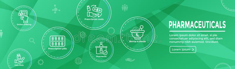 Pharmaceuticals and Medications Icon Set W Web Header Banner Stock ...