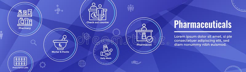 Pharmaceuticals and Medications Icon Set W Web Header Banner Stock ...
