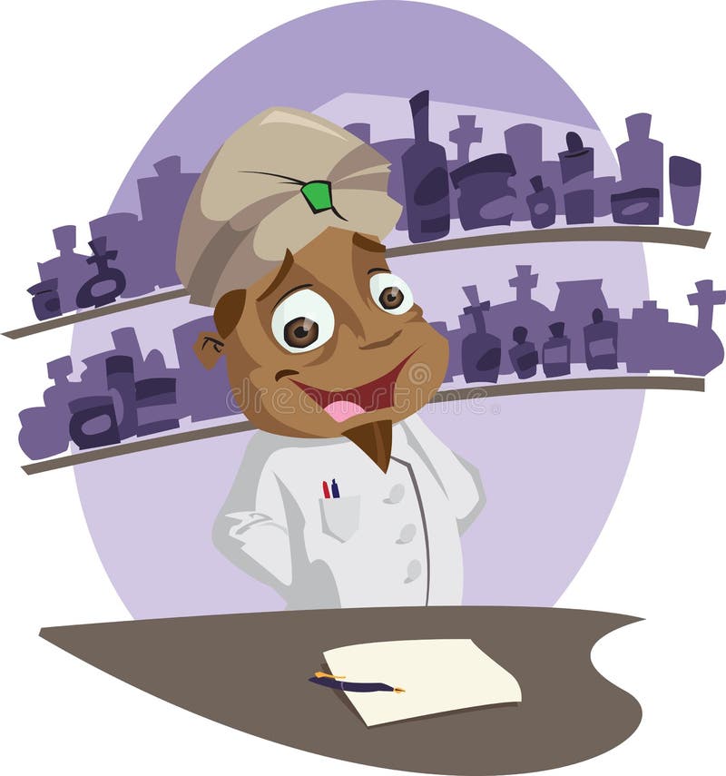 Cartoon Pharmacist Showing Pills in Drug Store Stock Vector ...