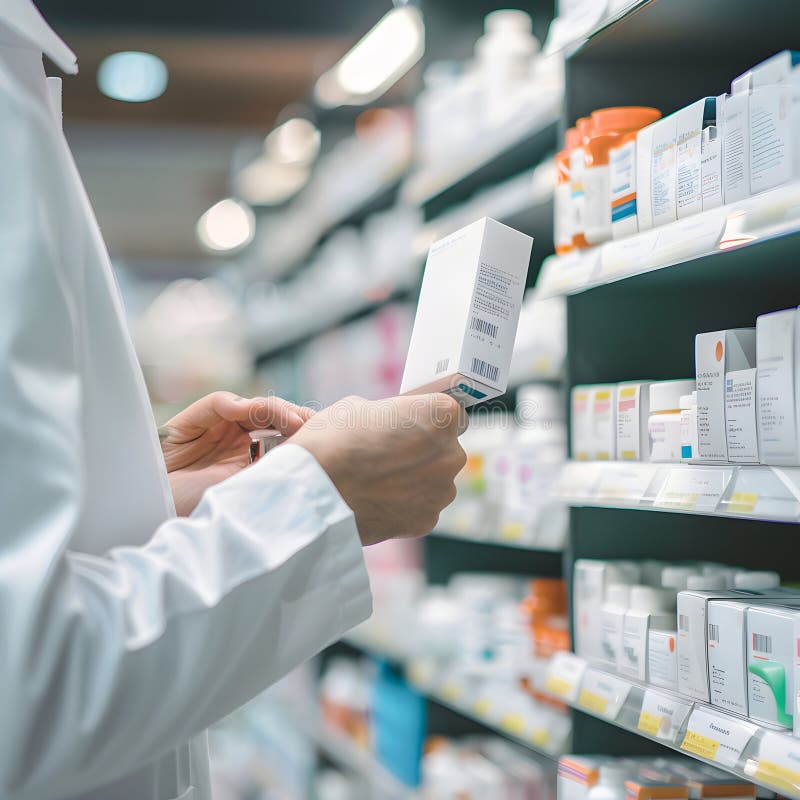 Pharmacist Checking Medicine Box in Pharmacy Store Stock Image - Image ...