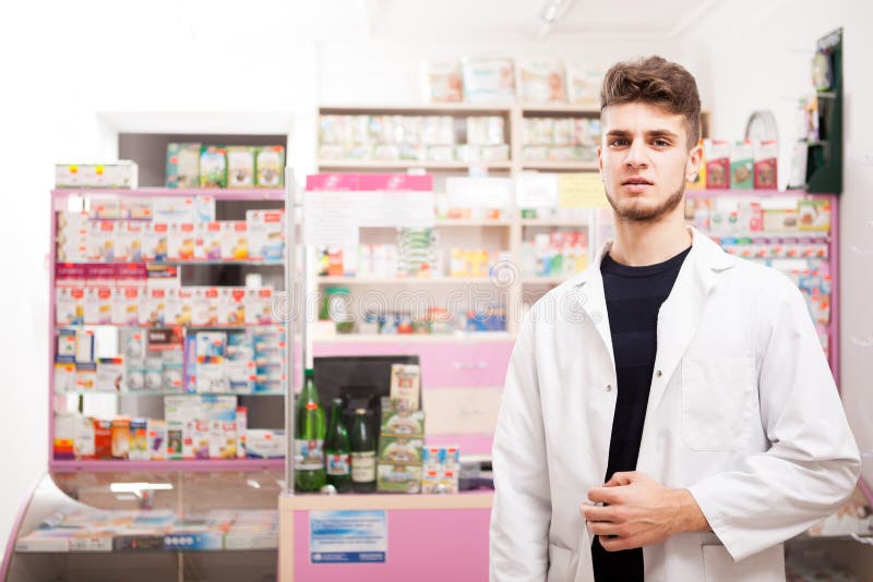 Pharmacist Man in Front of His Desk at Work Stock Photo - Image of ...