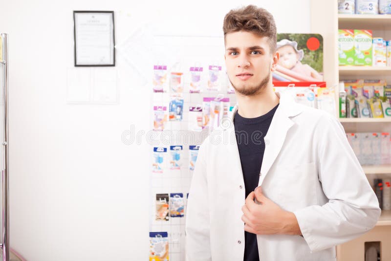 Pharmacist Man in Front of His Desk at Work Stock Photo - Image of ...