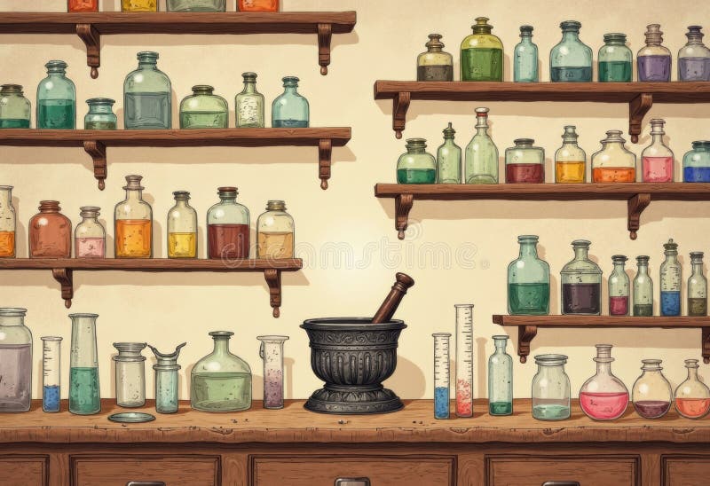 Pharmacist S Compounding Station with Graduated Cylinders and a Mortar ...