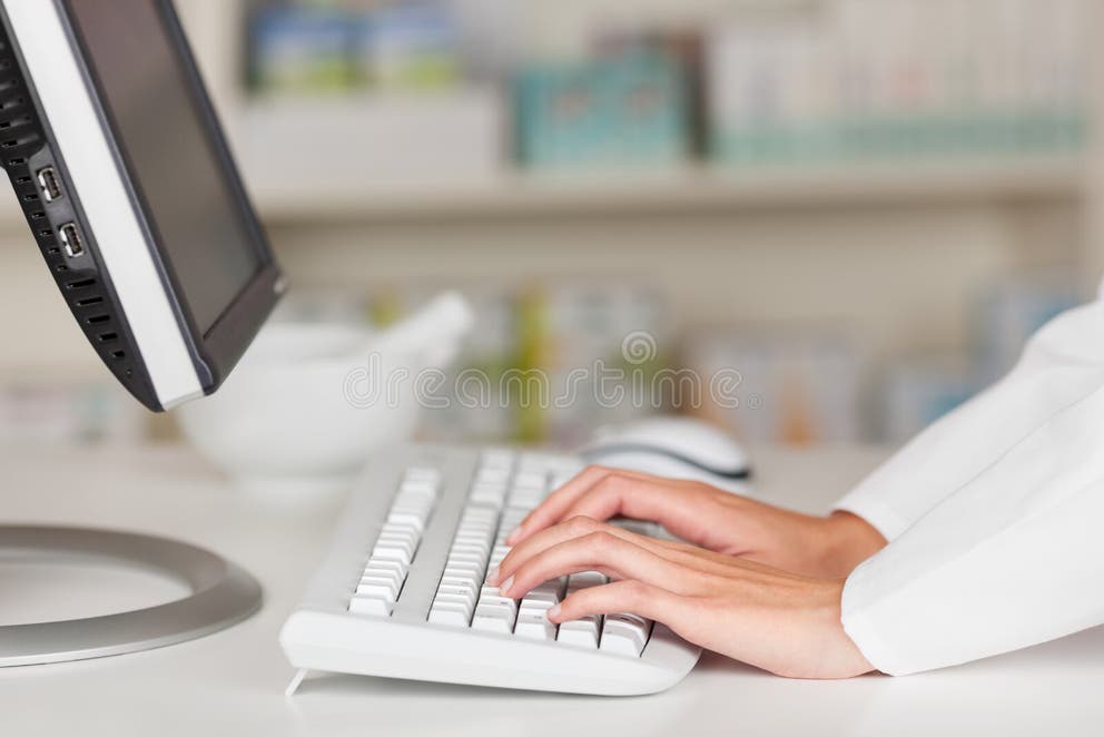 Pharmacist S Hands Typing on Computer Keyboard Stock Image - Image of ...
