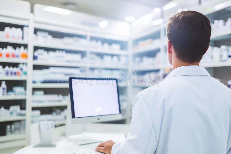 Pharmacist Sit and Work on a Computer Stock Illustration - Illustration ...