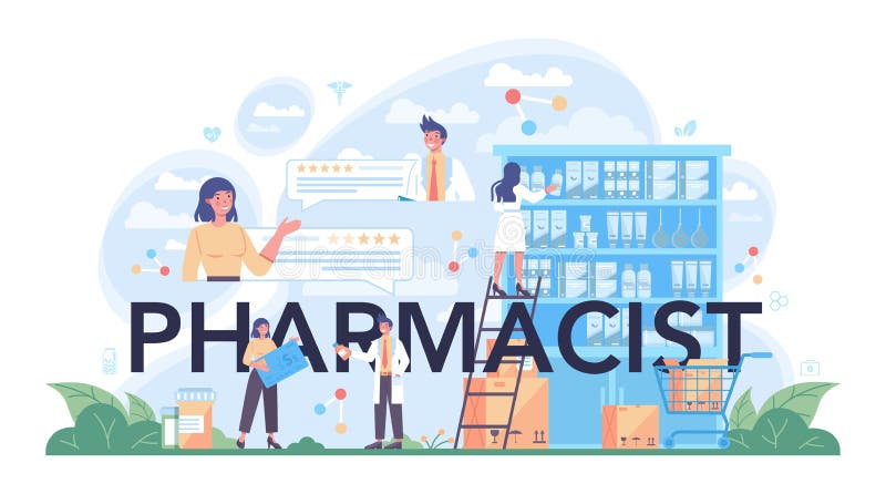 Drugstore Typographic Header. Pharmacist Selling Drugs in Bottle and ...