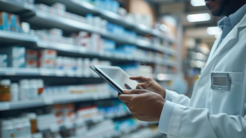 Pharmacist Using Tablet in Drugstore. AI Generated Stock Image - Image ...