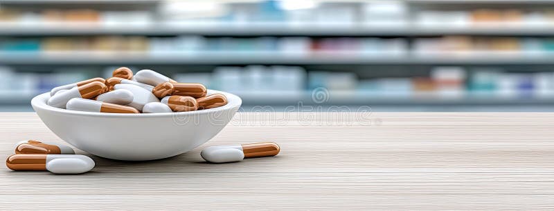 Pharmacy Backdrop Presents a White Counter with a Sharp Mug and ...