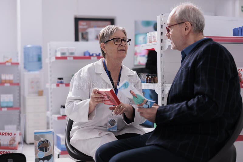 Pharmacy Chemist Advising Elderly Man Heart Multivitamin Package Stock ...