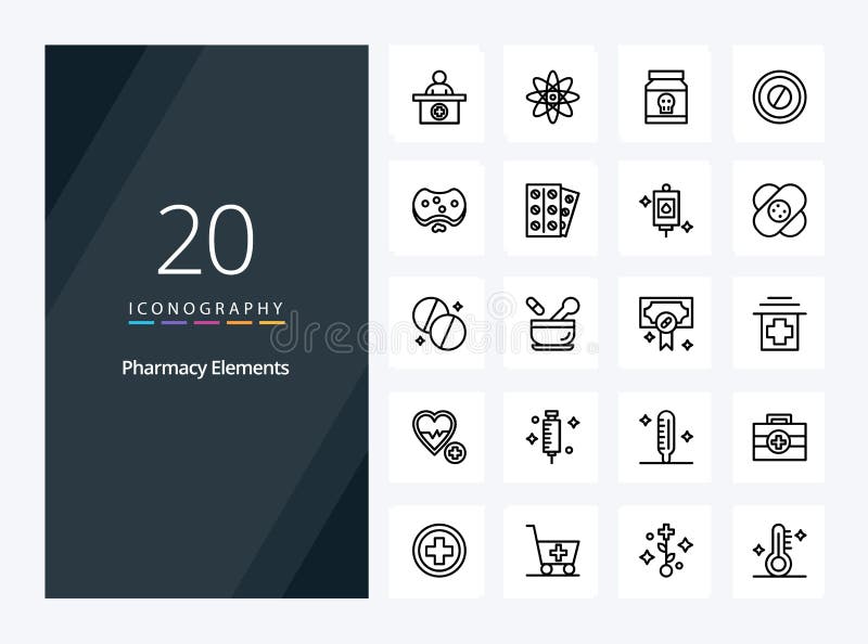 20 Pharmacy Elements Outline Icon for Presentation Stock Vector ...