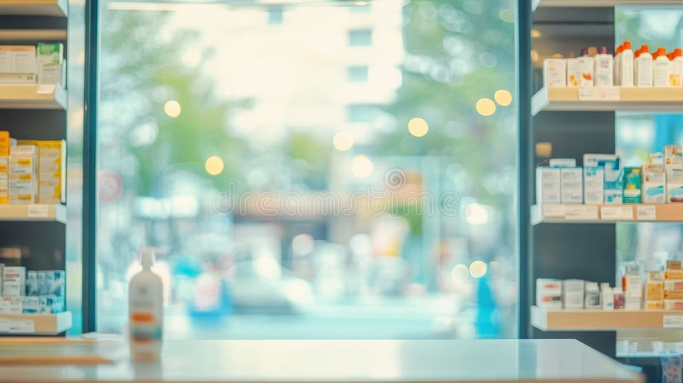 A Pharmacy Interior with Shelves of Medication and a View Outside Stock ...