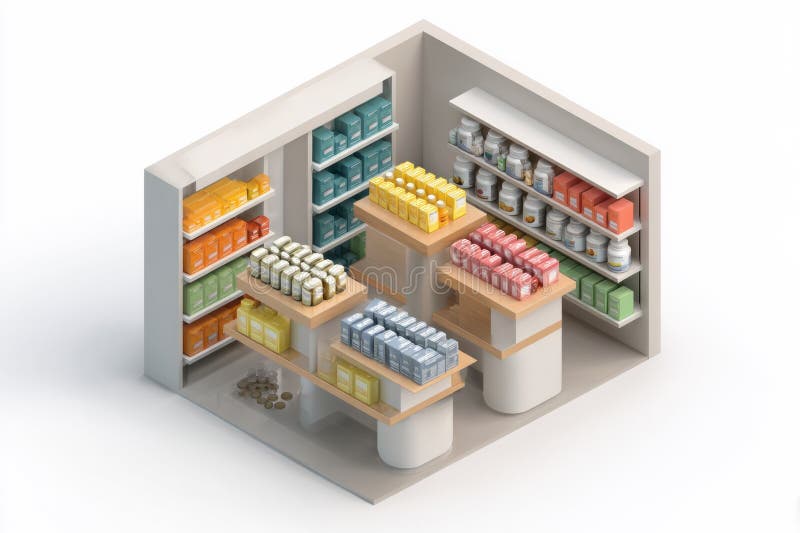 Isometric View of Pharmacy Shelf Showcasing Kidney-Safe Supplements in ...