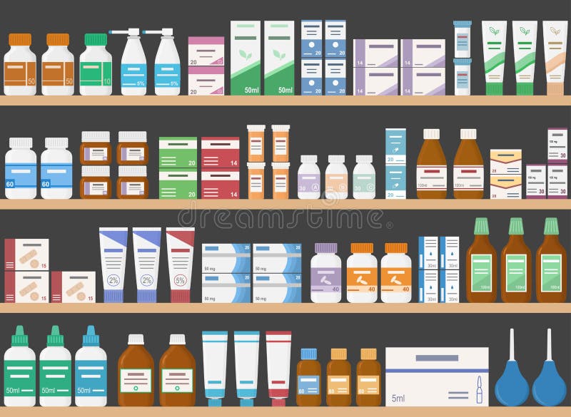 Pharmacy Shelves with Medicines. Concept of Pharmaceutics and ...