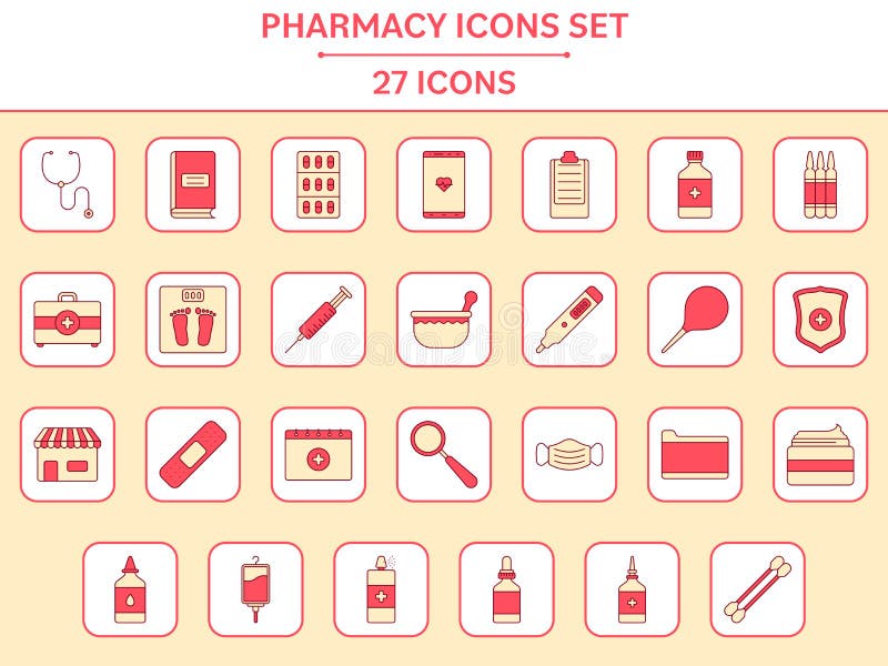 27 Pharmacy Square Icon Set in Red and Yellow Stock Illustration ...