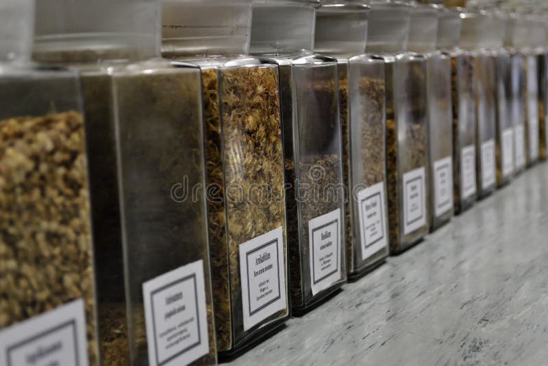 Pharmacy Storage Boxes with Different Herbs Stock Photo - Image of ...
