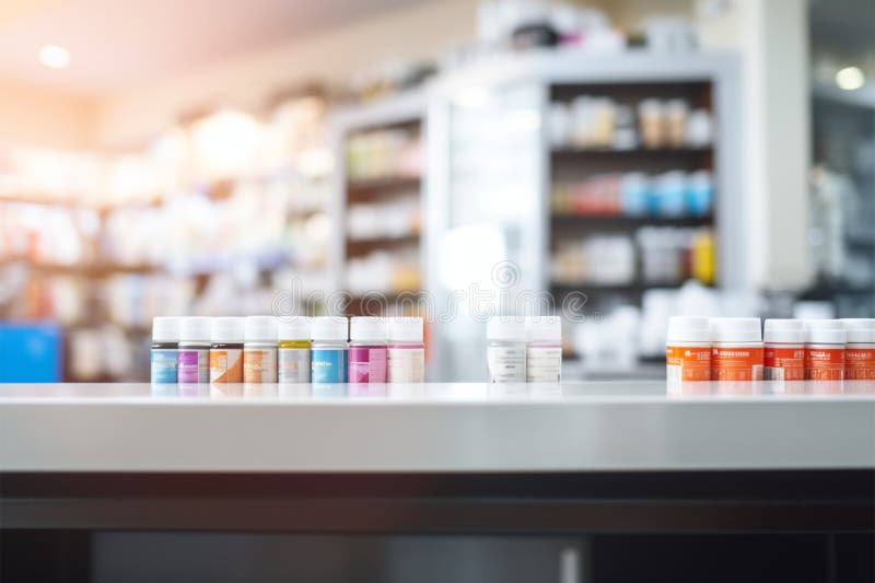 Pharmacy Store Counter, Featuring a Backdrop of Blurred Medication ...