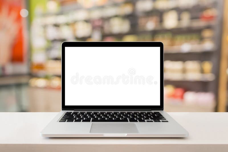 Laptop Computer Blank Screen Pharmacy Counter Shop Interior Blur ...