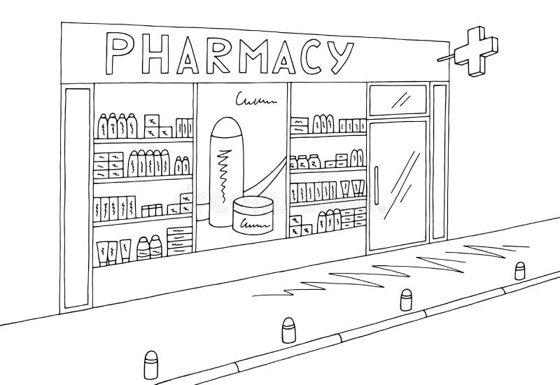 Pharmacy Store Shop Exterior Graphic Black White Sketch Illustration ... Pharmacy Store Shop Exterior Graphic Black White Sketch Illustration ...
