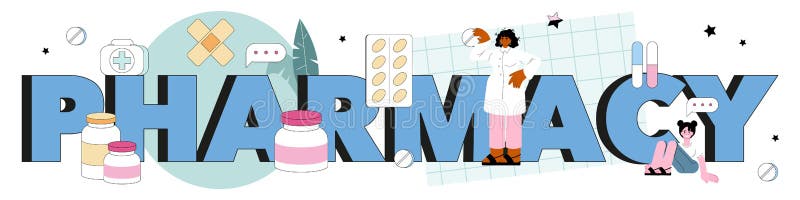 Pharmacy Typographic Header. Pharmacist Preparing and Selling Stock ...