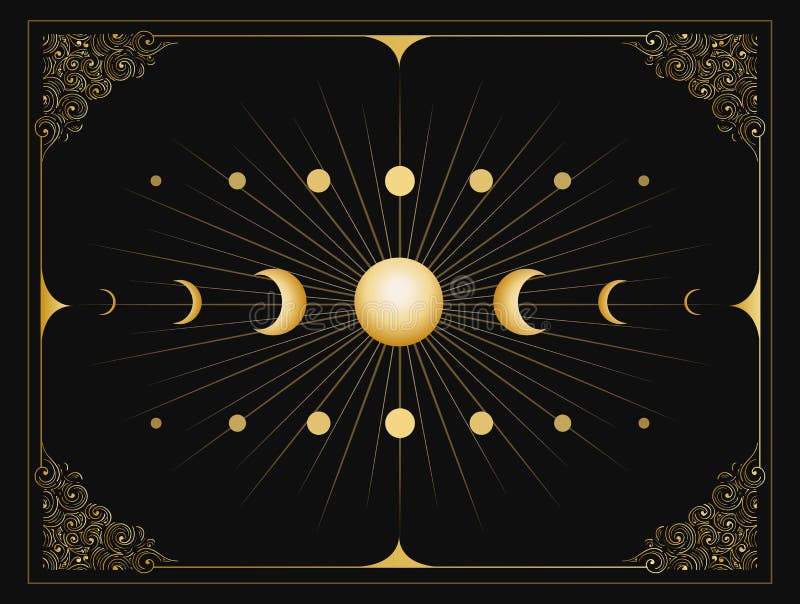 Phases of Moon Medieval Esoteric Emblem on Black Background Stock ...