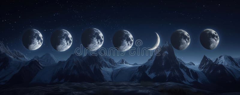 Phases of the Moon Over Mountain Range at Night Stock Photo - Image of ...