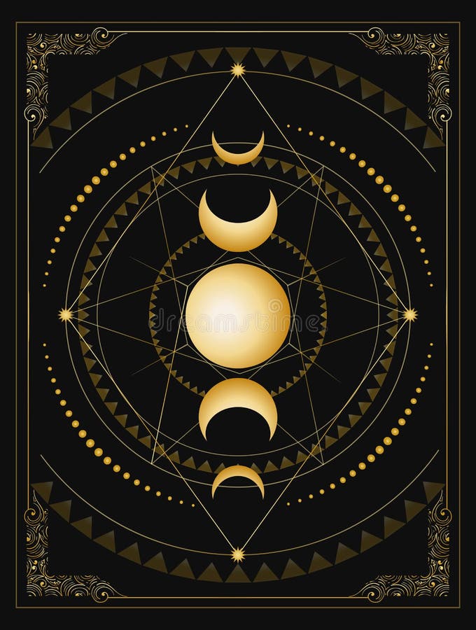 Phases of Moon and Sacred Geometry Illustration on Black Background ...