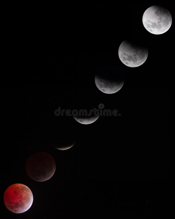 Phases of a Total Lunar Eclipse Captured in a Night Sky Sequence. Blood ...