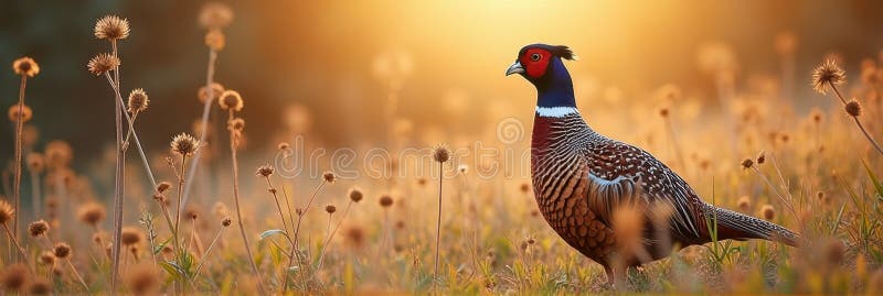 Pheasant in Sunlit Field at Sunset with Wildflowers Stock Photo - Image ...