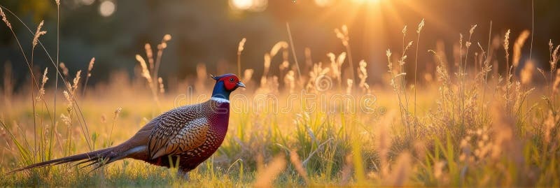 Pheasant Sunlit Meadow Golden Grass Sunset Stock Photos - Free ...