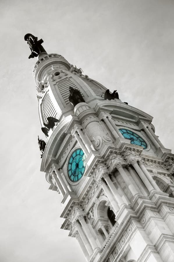 Philadelphia City Hall Clock Tower at Night Stock Photo - Image of ...