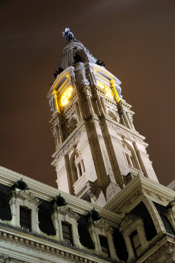 Philadelphia City Hall Clock Tower at Night Stock Photo - Image of ...