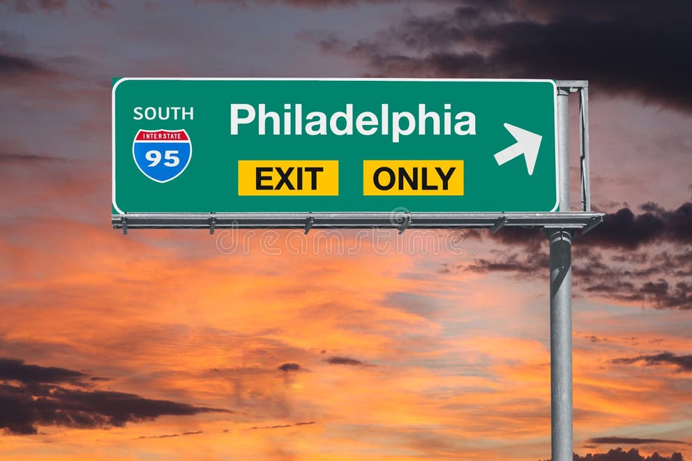Philadelphia Exit only Highway Sign with Sunrise Sky Stock Photo ...