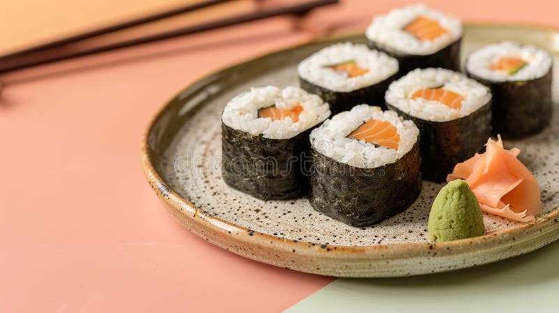 Philadelphia Maki in Ceramic Plate on Coloured Backdrop . Generative Ai ...