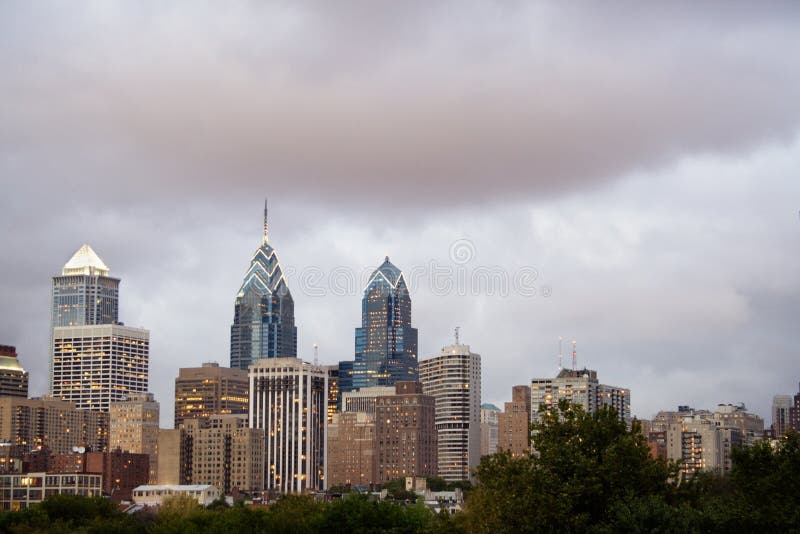 Philadelphia Skyline with Pink Evening Sky Stock Image - Image of urban ...