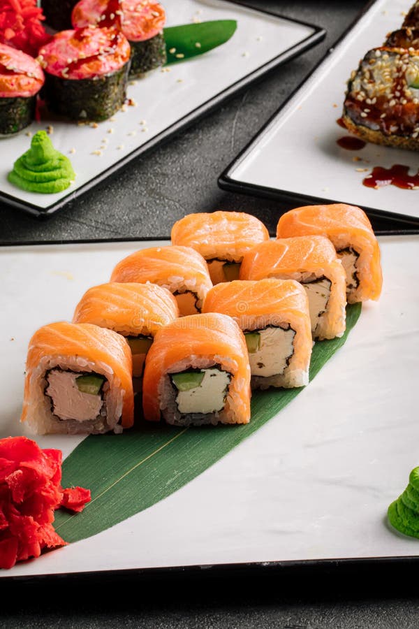 Philadelphia Sushi Rolls with Cucumber Stock Photo - Image of menu ...