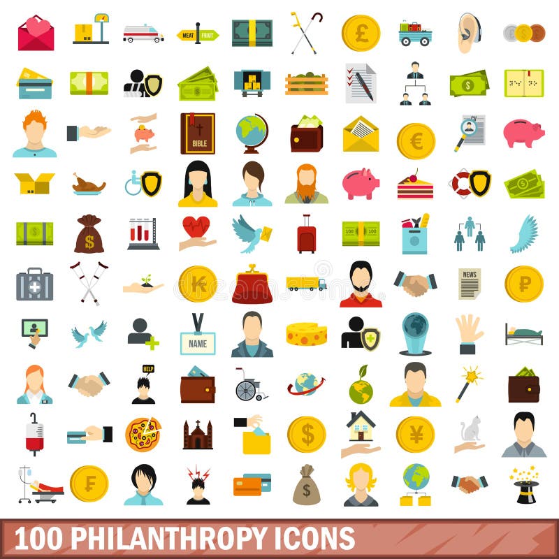 100 Philanthropy Icons Set, Flat Style Stock Vector - Illustration of ...