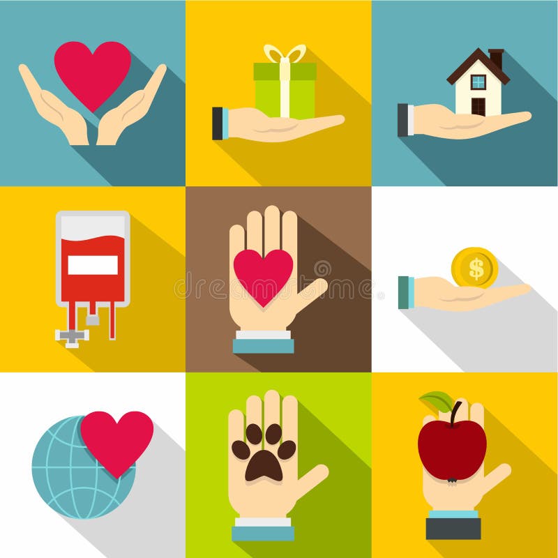 Philanthropy Icons Set, Flat Style Stock Vector - Illustration of hands ...