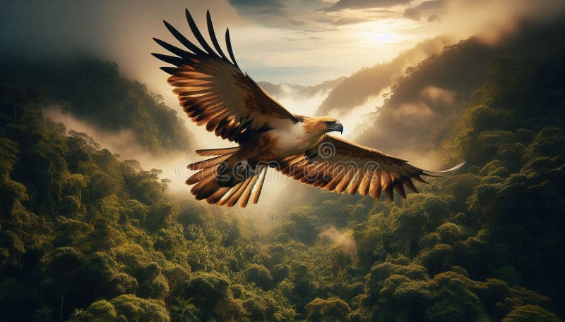 Philippine Eagle Soaring Over a Rainforest Canopy Stock Illustration ...