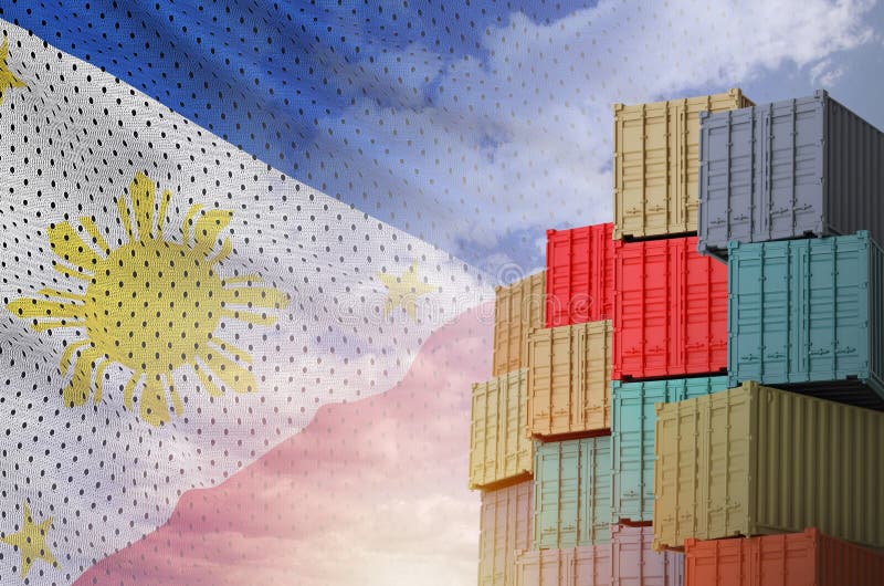 Philippines Flag and Big Stack of Shipping Cargo Containers in Docks ...