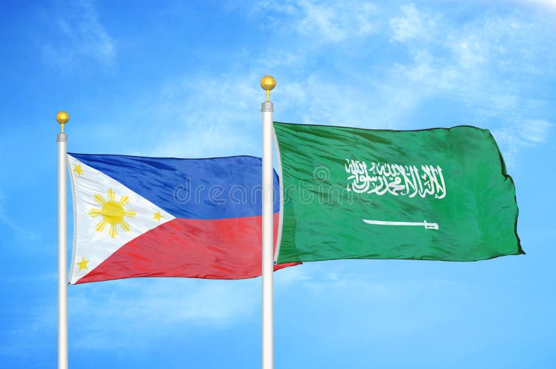 Philippines and Saudi Arabia Two Flags on Flagpoles and Blue Cloudy Sky ...