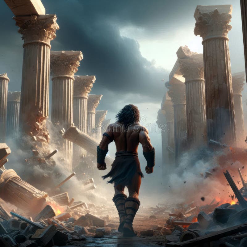 Samson Brings Down the Columns Stock Illustration - Illustration of ...