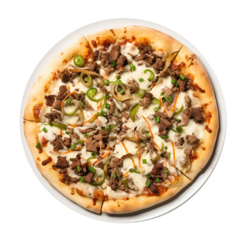 Philly Cheesesteak Pizza on White Plate on White Background Directly ...