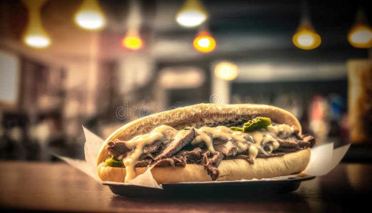 Philly Cheesesteak on Stone, Blurred Background, Rustic Pub. Generative AI Stock Image - Image ...
